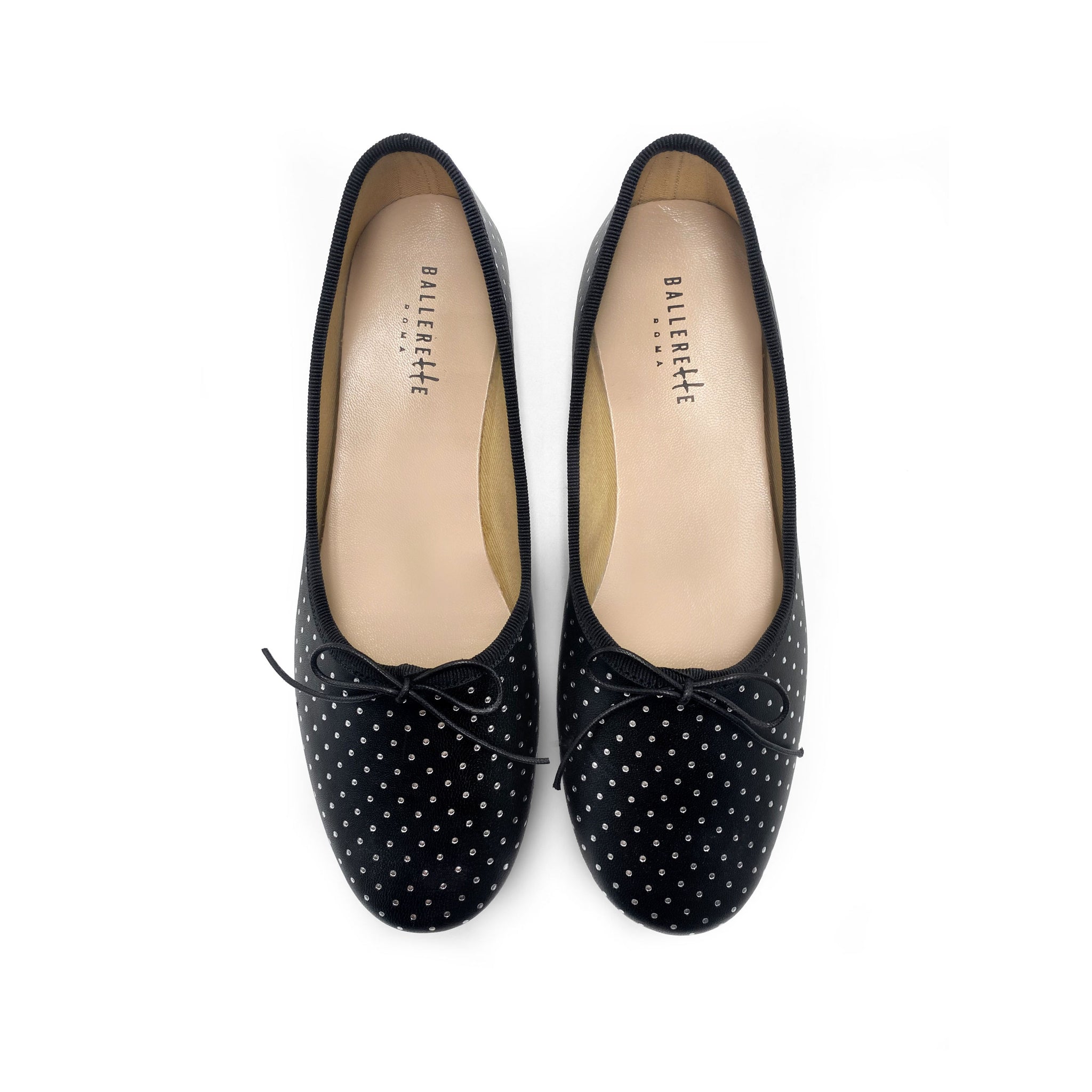 Black leather ballet flats with silver micro polka dots