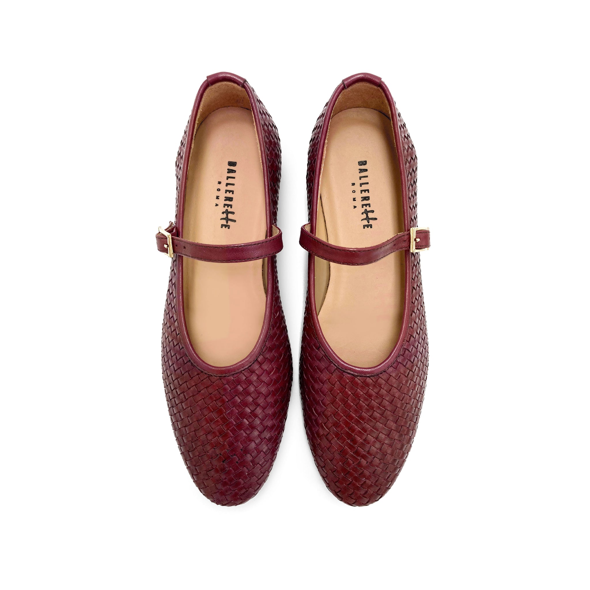 Ballerine Mary Jane bordeaux accollate in pelle intrecciata a mano e c